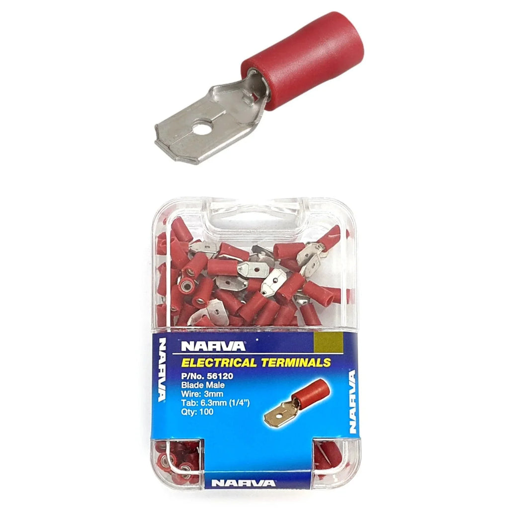 Narva Male Blade Terminal Red fits 2.5mm to 3mm Wire 100 Pack