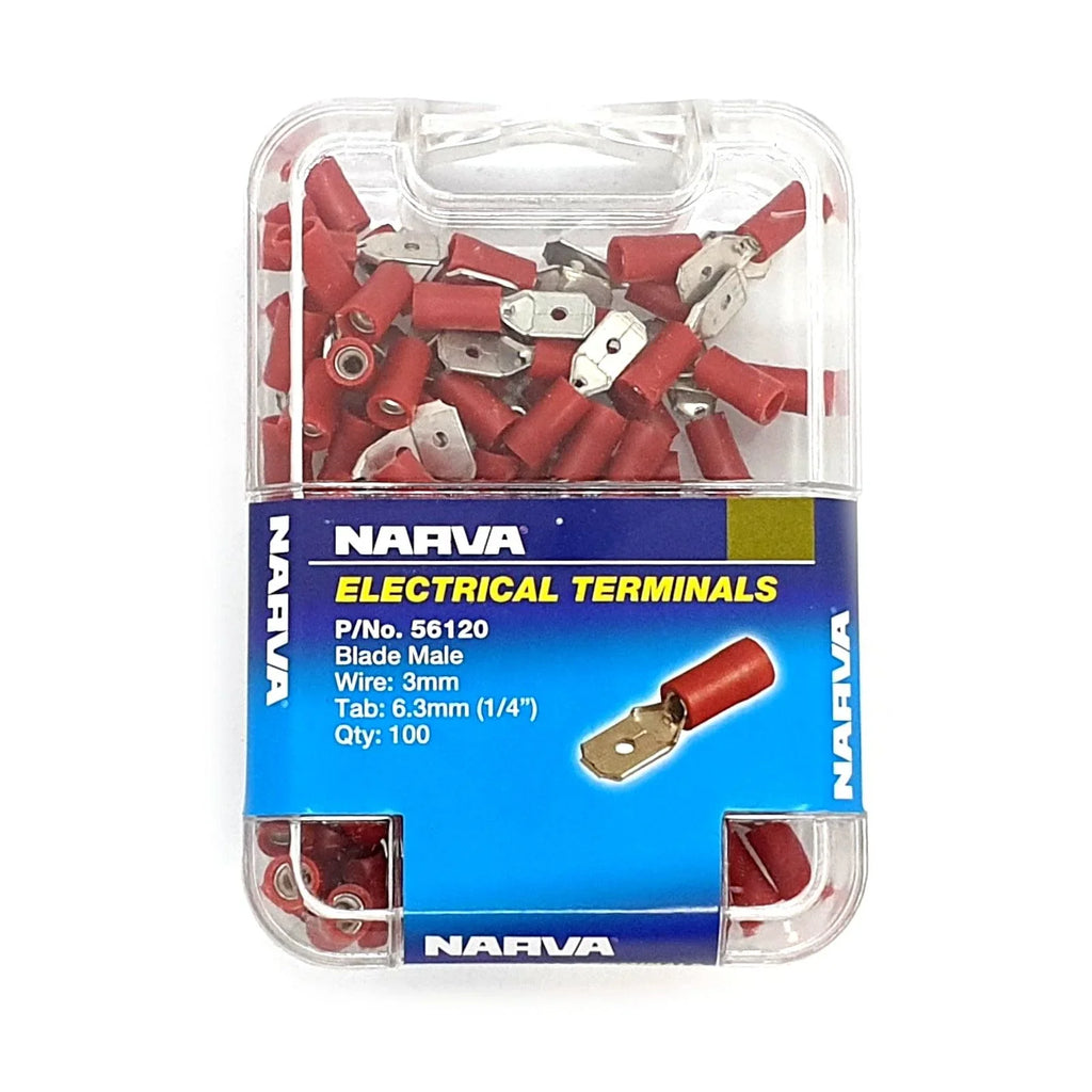 Narva Male Blade Terminal Red fits 2.5mm to 3mm Wire 100 Pack
